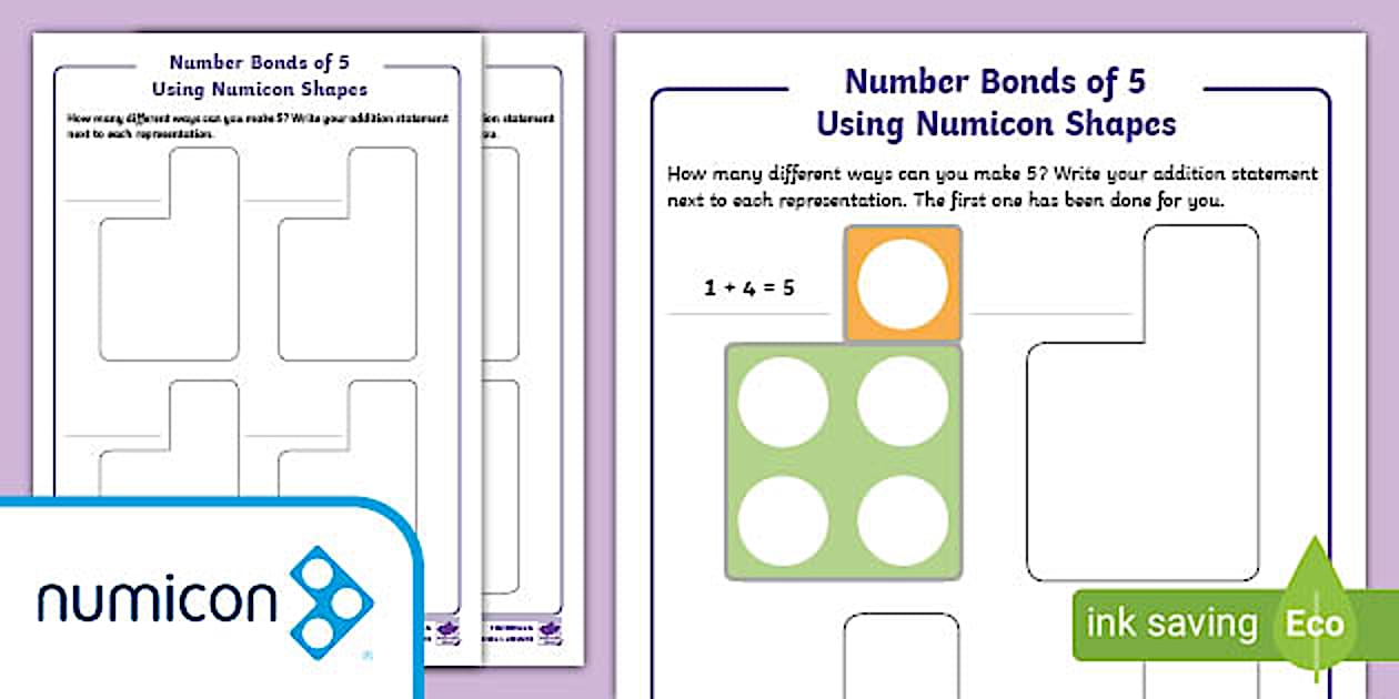 Number Bonds of Five Using Numicon Shapes Activity Sheet